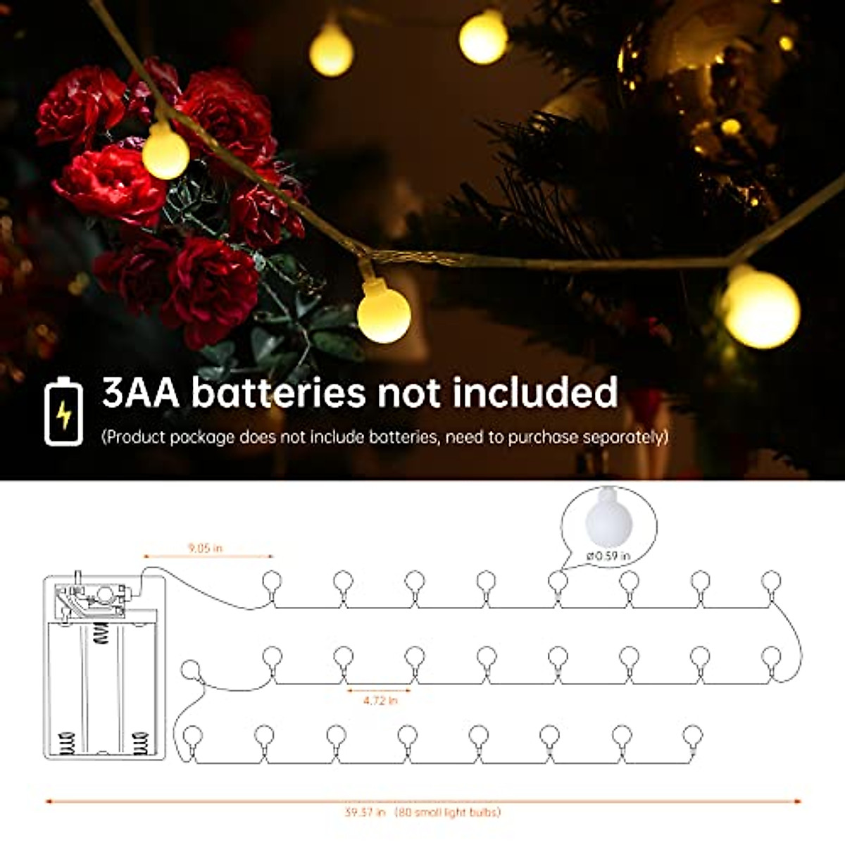 Globe String Lights for Bedroom, Christmas Decoration Ball Lights 33 FT 80 Twinkle LED Battery Operated Fairy Light for Outdoor/Indoor, Classroom, Camping, Bedroom, Party, Garden (Warm White Light)