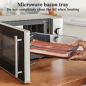 Microwave Bacon Cooker with Cover，Glass Airtight Bacon Container Keep for Refrigerator BPA Free Dishwasher and Microwave Oven Safe Refrigerator Organizers and Storage for Cheese lunchmeat Pizza Cooker