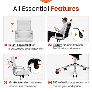 NEO CHAIR Office Desk Ergonomic Chair Leather Executive High-Back Modern Conference Comfy Adjustable Padded Swivel Rolling Home Vanity Chairs with Arms Wheels (White)
