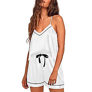 SWOMOG Women's Silk Satin Pajamas Set Lingerie 2Pcs Pjs Cami Top and Shorts Nightwear White