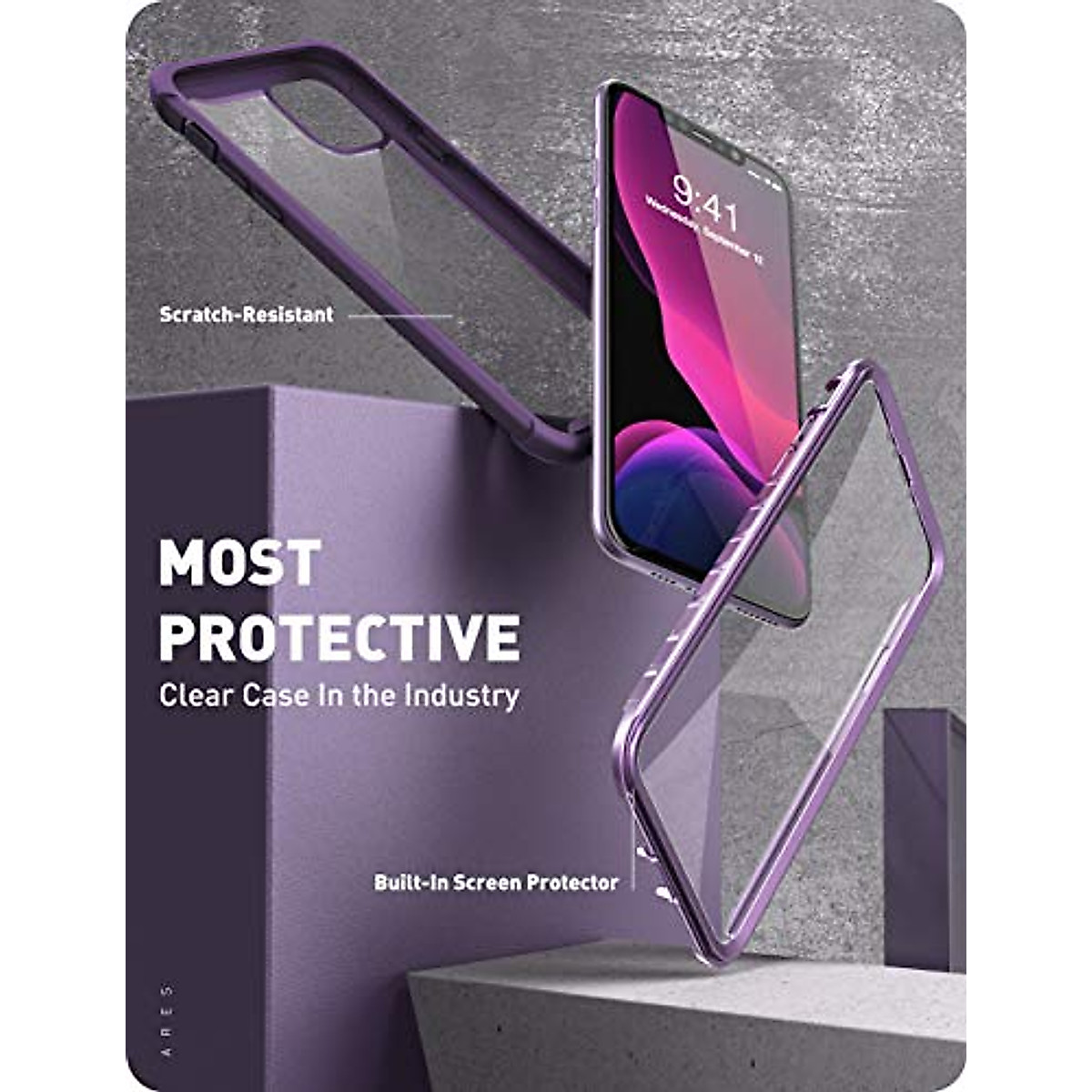i-Blason Ares Case for iPhone 11 6.1 inch (2019 Release), Dual Layer Rugged Clear Bumper Case with Built-in Screen Protector (Purple)