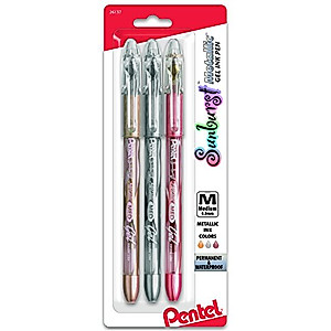 Pentel Sunburst Metallic Gel Pen, Medium Line, Permanent, Gold, Silver, Bronze Ink Pack of 3 (K908MRBP3M)