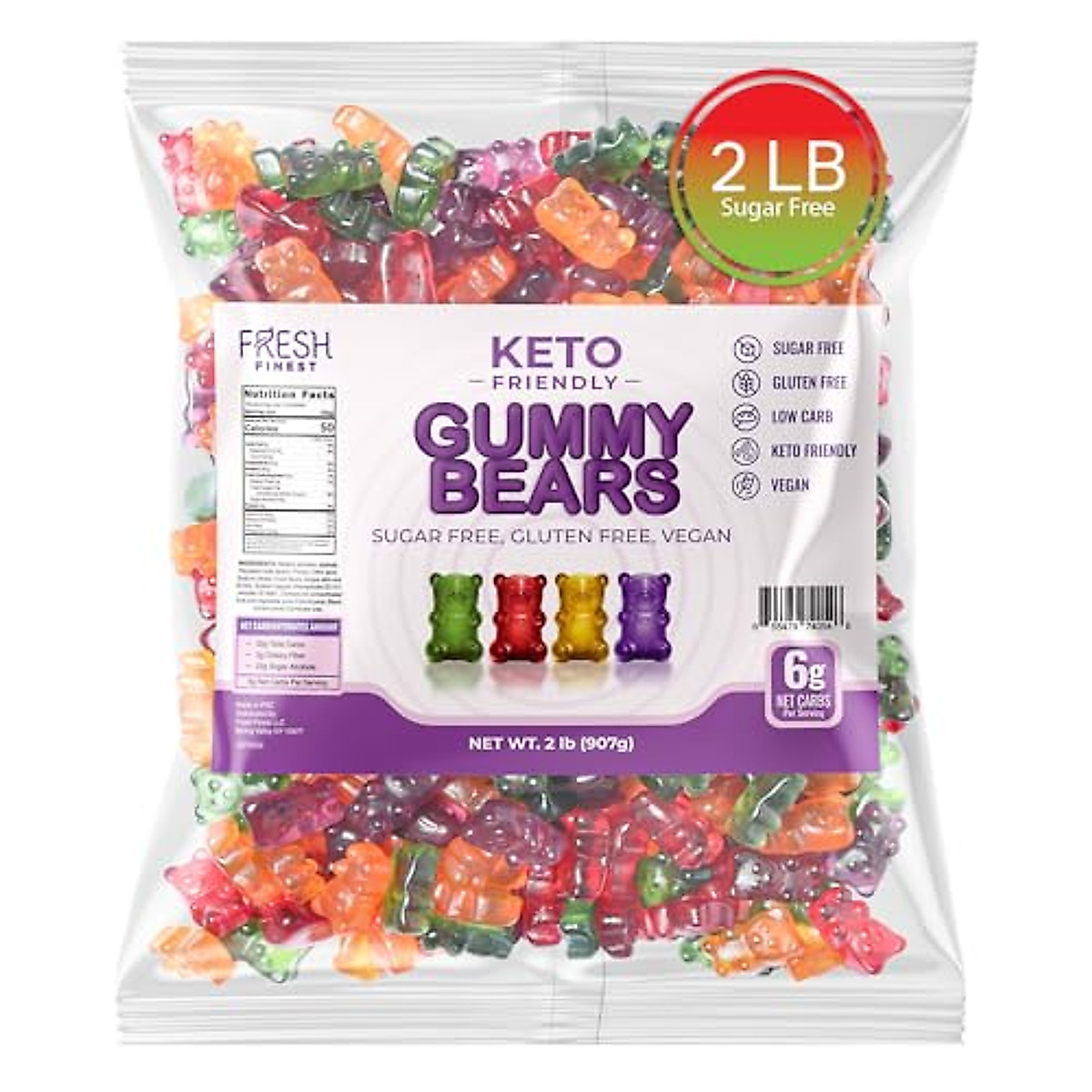 Sugar-Free Gummy Bears Keto Candy - Assorted Fruit Flavors Keto Snacks - Vegan Gummy Bears, Gluten-Free, Low Carb, Keto-Friendly, Sugar-Free Gummies - Bulk 2 LB