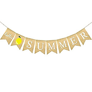FAKTEEN Hello Summer Burlap Banner with Lemon Bunting for Hawaiian Summer Party Supplies Garland Home Mantel Fireplace Decorations