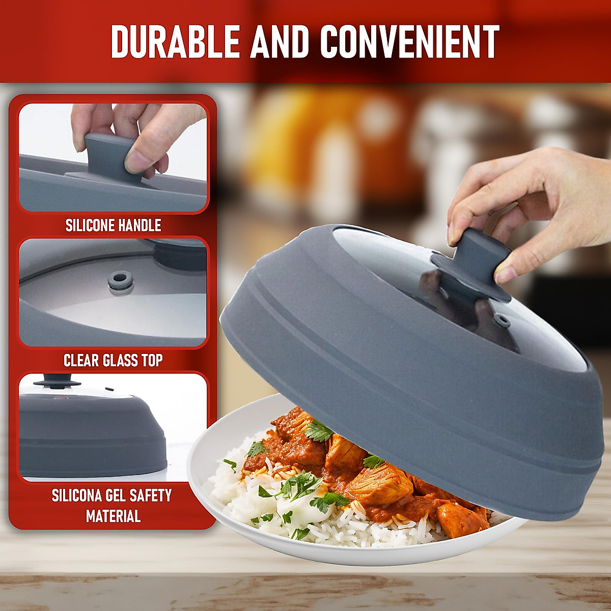 Collapsible Microwave Cover - Large 11.8" Tempered Glass & Silicone Lid, Heat Resistant, Splatter Guard with Easy-Grip Handle - Grey