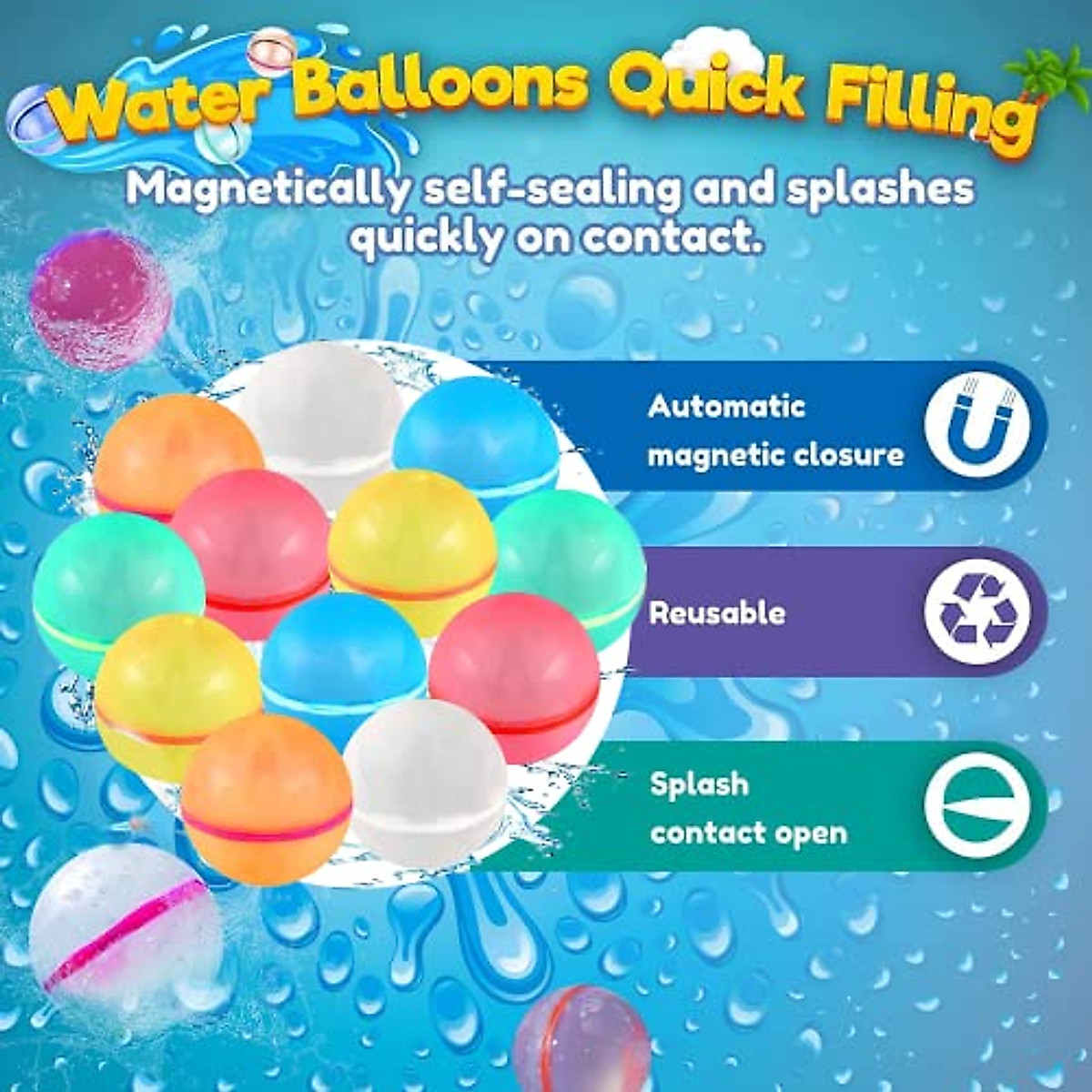 Reusable Water Balloons, Self-Sealing Refillable Water Balloons, Soft Silicone Magnetic Water Balloons, Reusable Water Bomb for Water Fight Game, Water Park, Summer Party (Multicolor - 12PC)