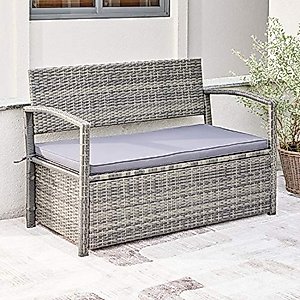 VIFAH V1924 Gabrielle All-Weather Resin Wicker Lounge Patio Sofa Storage Bench in Grey with Cushion, Gray