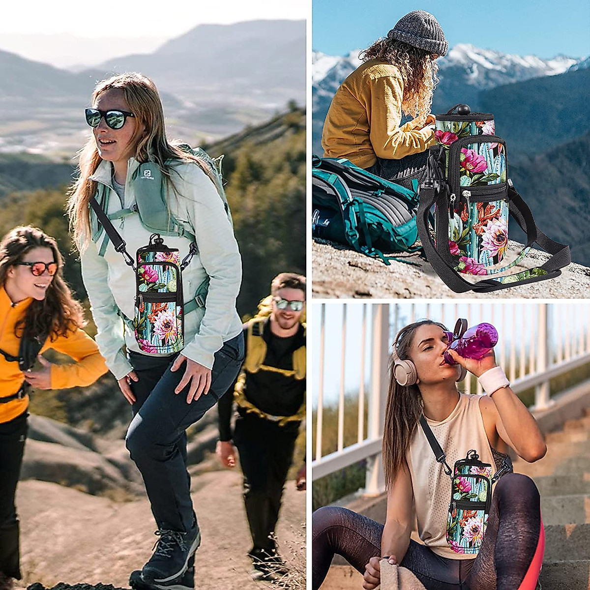 WINTOJO Neoprene Water Bottle Carrier Bag Holder 25oz 32oz 40oz 64oz Insulated Water Bottle Sling Sleeve Case Cover with Strap Pockets for Men Women Walking Hiking Running (32oz, cactus)