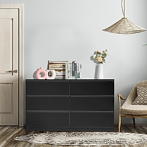 Karl home 6 Drawer Double Dresser for Bedroom, Wood Dresser with Deep Drawers, Long Dresser with Cut-Out Handles, 55" Wooden Dresser with Large Storage, Dresser Chest of Drawers, Black