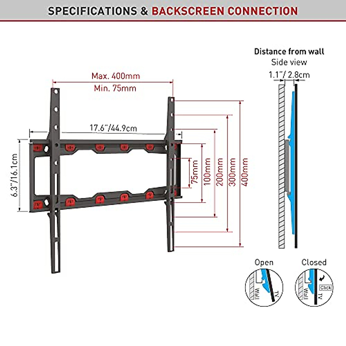 Barkan TV Wall Mount, 19 - 65 inch Fixed, Drywall No Stud No Drill Screen Bracket, Holds up to 71lbs, Auto Lock Patented, 5 Year Warranty , Fits LED OLED LCD, Including 6 ft 4K HDMI Cable Black