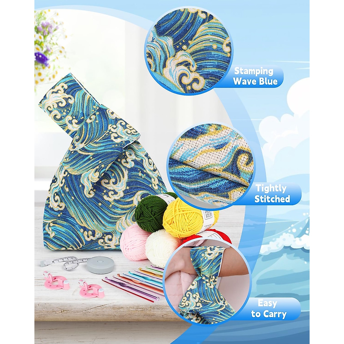 Coopay Knitting Bags and Totes for Women, Yarn Bags for Crocheting On The Go, Crochet Travel Bag for Crochet Supplies, Yarn Storage Bag Crochet Project Bags - Stamped Wave Blue