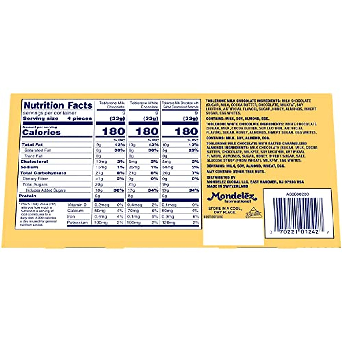 Toblerone Swiss Chocolate Gift Set, Milk Chocolate, White Chocolate & Crunchy Salted Caramelized Almond, 9 - 3.52 oz Bars