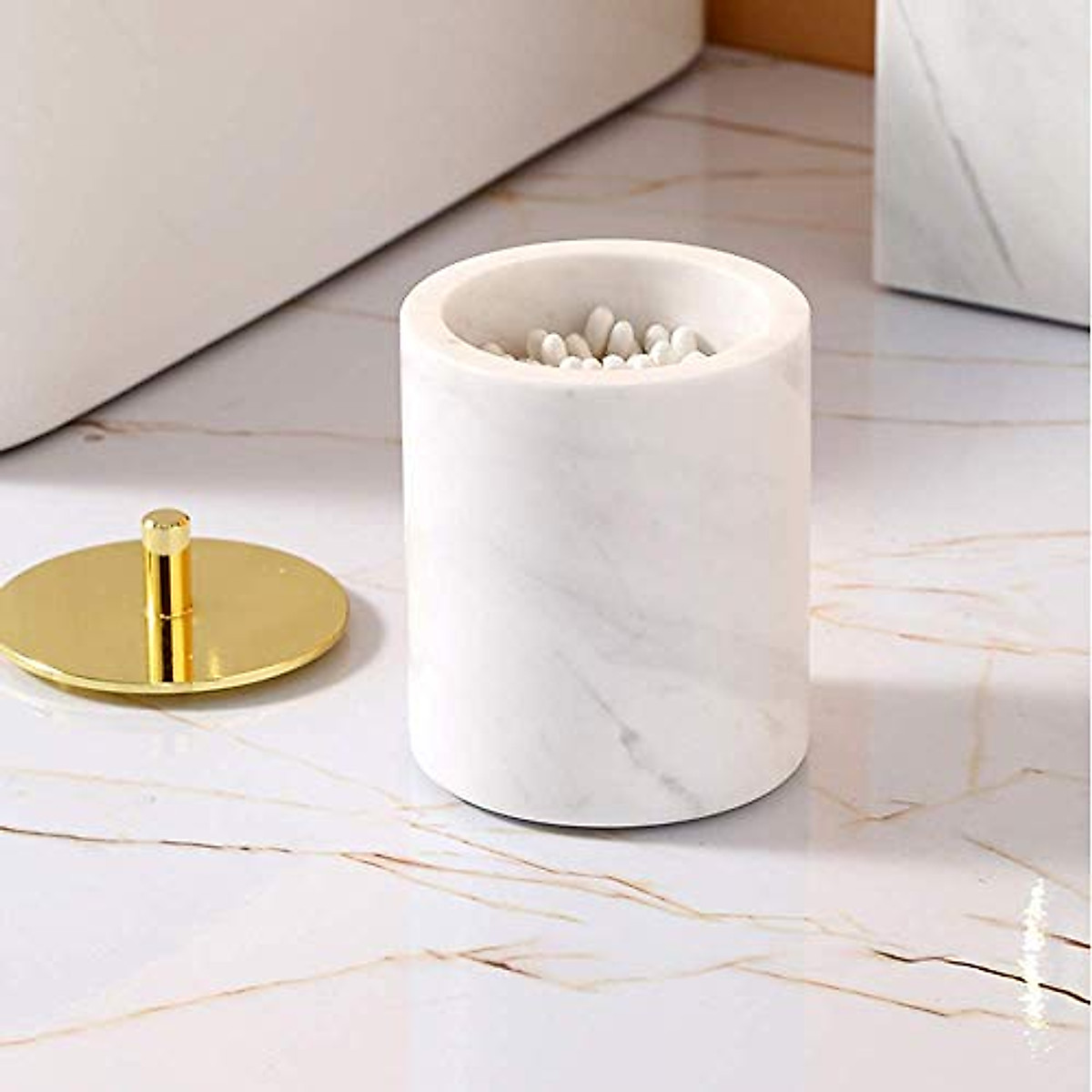StonePlus Natural Marble Cosmetics Cotton Swab Ball Holder, Seasoning Box, Ring Storage Box with Lid (Gold White)