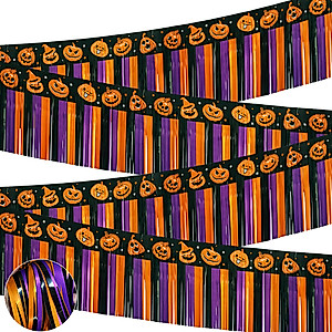 Halloween Parade Floats Foil Fringe, Each 10 ft x 15'' Orange Purple Black Pumpkin Tinsel Streamers Garland Banner Table Skirts for Halloween Trailer Car Graduation Homecoming Party (4 Pack)