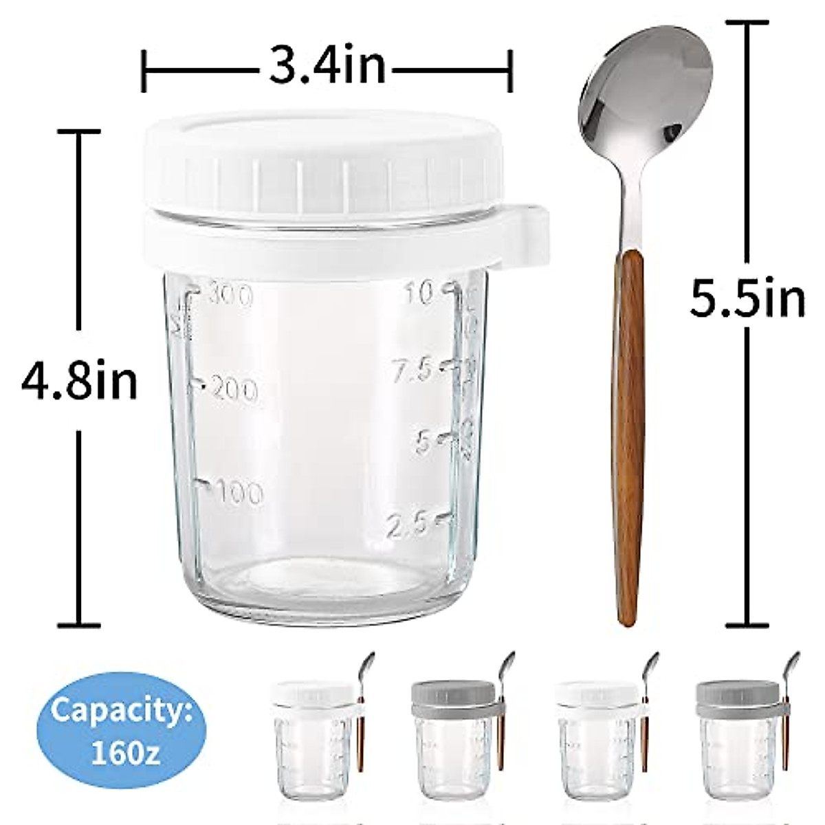 Overnight Oats Containers with lids and Spoons: 16 oz Mason Jars for Overnight Oats - 4 Pack Glass Meal Prep Container for Oatmeal - Food Storage Containers/Canning Jars/Food Jars & Canisters