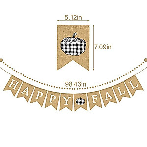 Happy Fall Banner Buffalo Check Plaid Jute Burlap Pumpkin Thanksgiving Farmhouse Mantle Fireplace Garland Decoration
