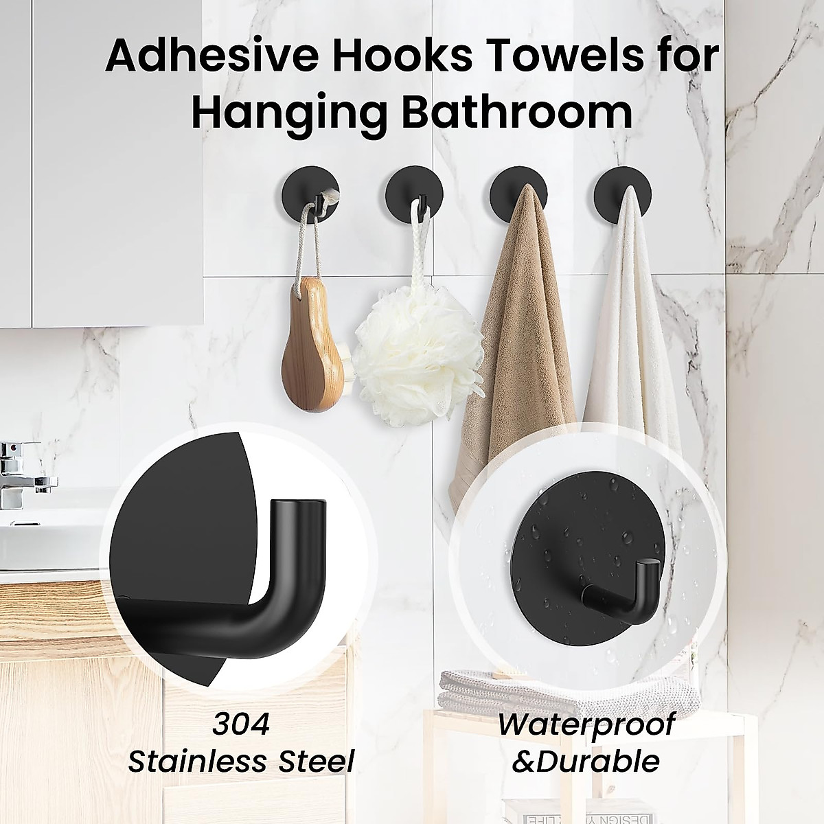JYIFUBC Adhesive Hooks,Black Towel Hooks for bathrooms,Wall Hooks,Waterproof Stainless Steel Sticky Hooks for Hanging Bathroom Kitchen Home- Set of 4