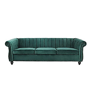 NOSGA 84” Chesterfield Fabric 3 Seater Couch Furniture, Velvet Deep Stripe Chesterfield Tufted Sofa Couch, Upholstered Sofa Couches with Nailhead Trim Scroll Arms for Living Room(Dark Green)
