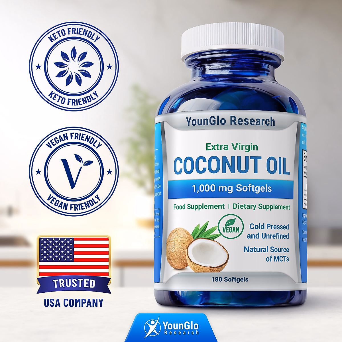 YounGlo Research Coconut Oil 1000 mg 100% Cold-Pressed Organic Extra Virgin Coconut Oil 180 Vegan Softgel Capsules Keto-Friendly Dietary Supplement Support for Hair, Nails & Skin Health