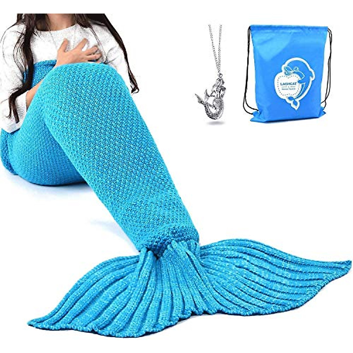 LAGHCAT Mermaid Tail Blanket Crochet Mermaid Blanket for Adult, Soft All Seasons Sleeping Blankets, Classic Pattern (71"x35.5", Blue)