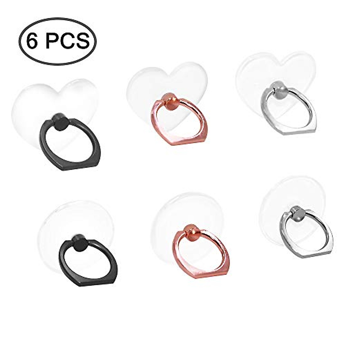 SENHAI 6 Pcs Transparent Mobile Phone Ring Holder, Round and Heart-Shaped 360 Degree Rotating Universal Ring Buckle Grip Stand for Smartphones, Tablets