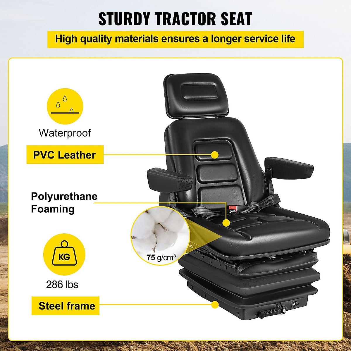 VEVOR Universal Tractor Suspension Seat, 35-170° Backrest Angle Adjustable Air Ride Seat Replacement w/Seat Belt & Safety Switch, Compatible with Forklift/Van/Mower, Black Vinyl