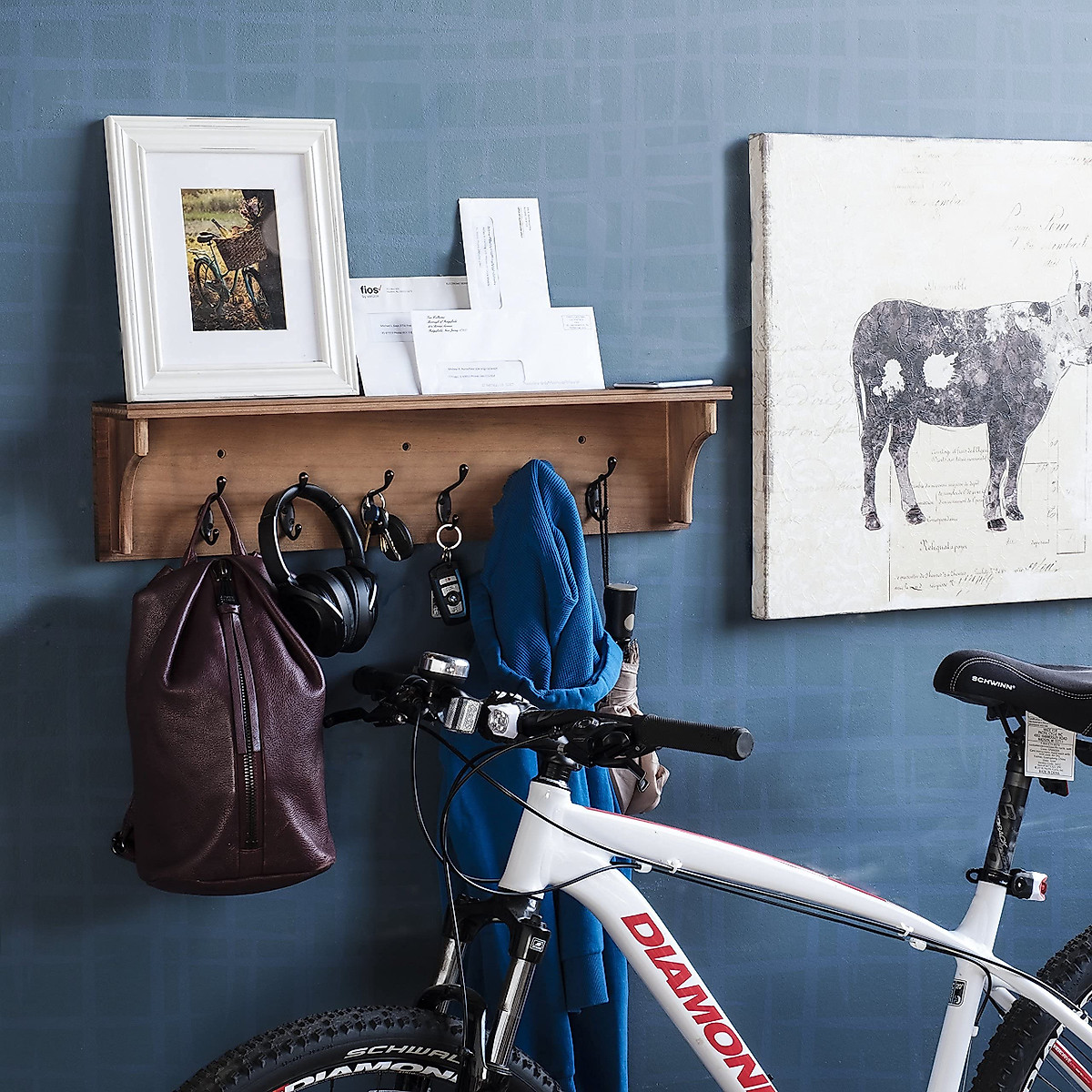 brightmaison Mante Entryway Organizer with Key Holder and Coat Rack, 6 Hooks For Hanging Face Masks, 30" Wood Walnut