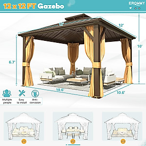 EROMMY Hardtop Gazebo 12' x 12', Galvanized Steel Double Roof Gazebo with Aluminum Frame, Permanent Outdoor Metal Pavilion with Curtain and Netting for Patio, Lawn and Garden