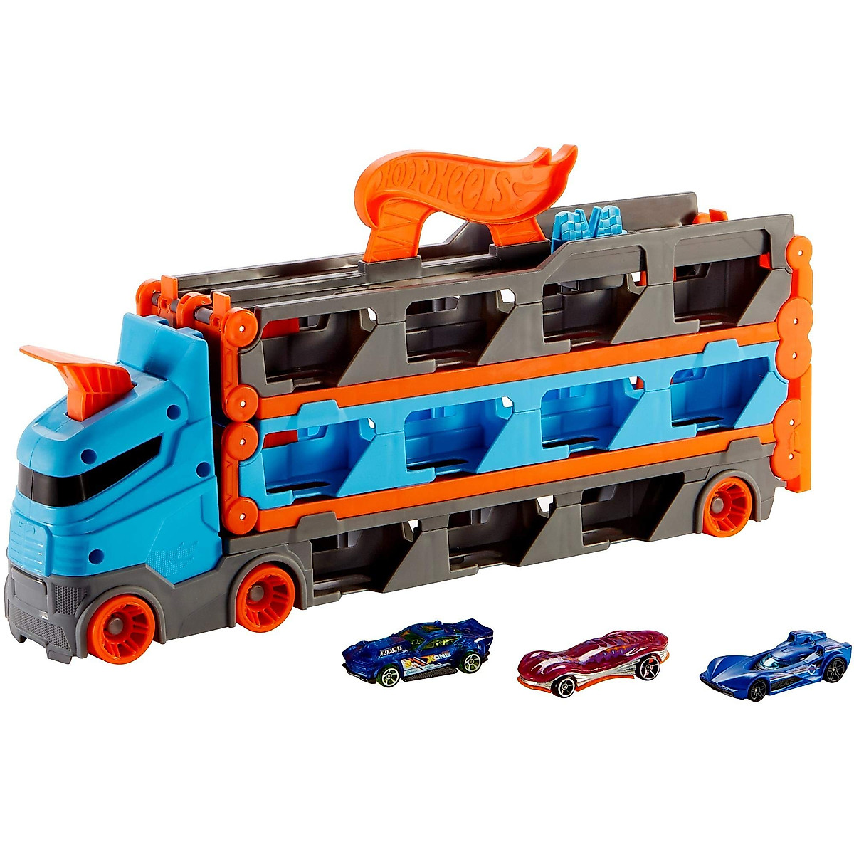 Hot Wheels Speedway Hauler Storage Carrier with 3 1:64 Scale Cars & Convertible 6-Foot Drag Race Track for Kids 4 to 8 Years Old, Stores 20+ Cars & Connects to Other City Sets, GVG37