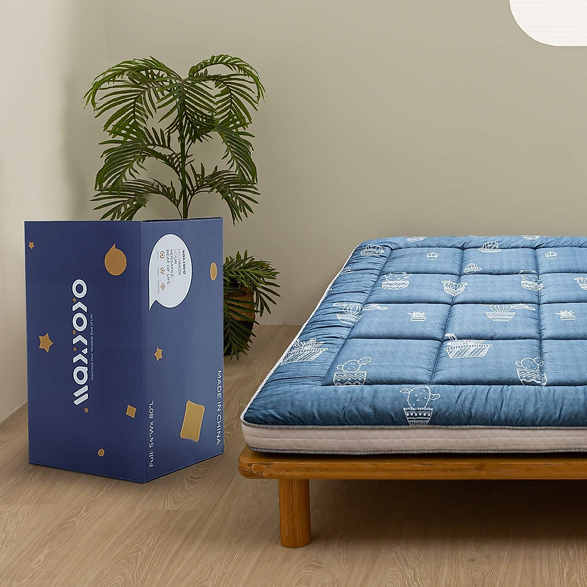MAXYOYO Futon Mattress, Grey Cactus Pattern Japanese Floor Mattress Queen Size, Quilted Bed Mattress Tatami Mattress, Extra Thick Folding Sleeping Pad Breathable Guest Bed for Camping Couch