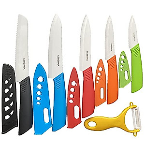 Ceramic Knife Set Ceramic Knives Set for Kitchen Ceramic Kitchen Knives Colored w Sheath 6" Bread Knife 6" Chef Knife 5" Utility Knife 4" Fruit Knife 3" Paring Knife 1 Peeler Colorful Rust Free Proof
