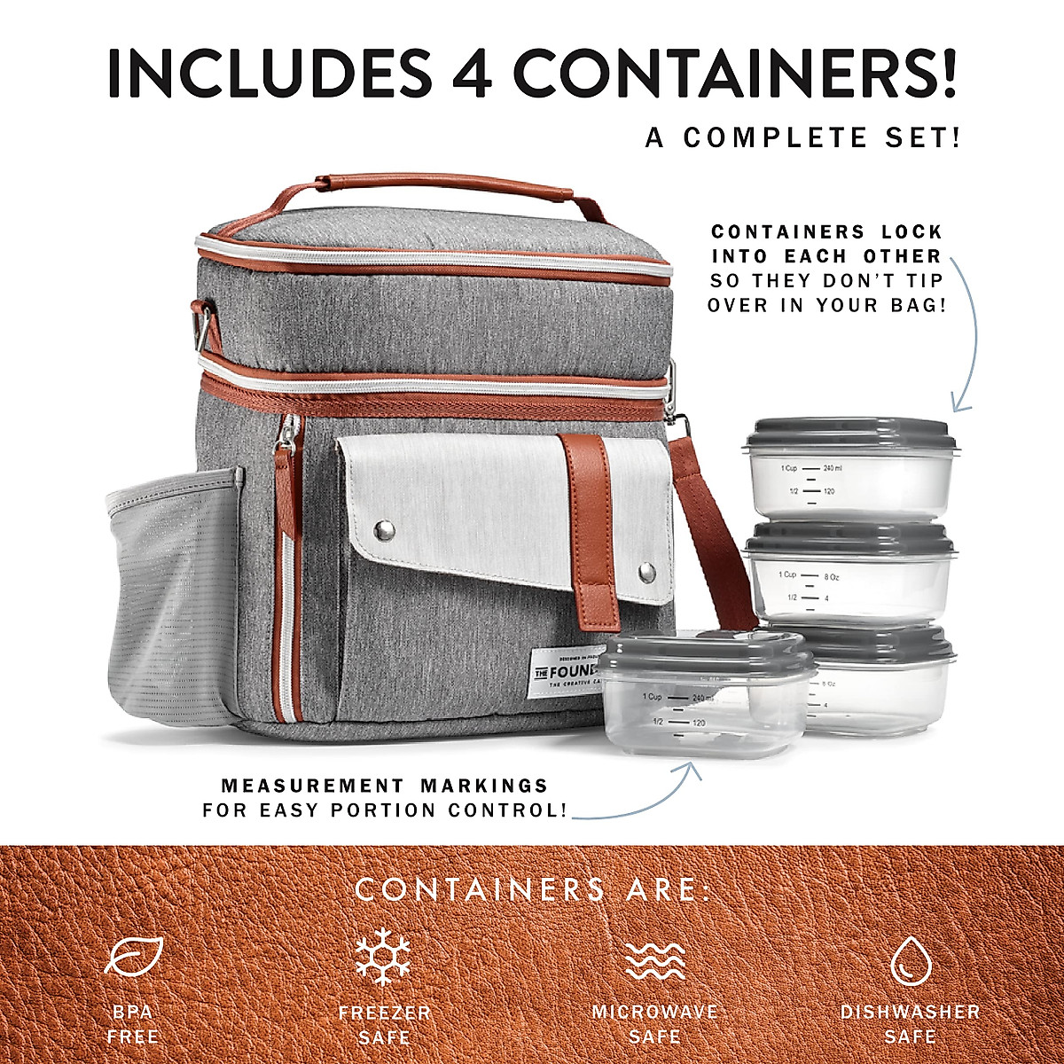 Fit & Fresh Foundry Extra Large Insulated Lunch Box for Men & Women, Large Lunch Bag for Meal Prep, Double Decker Adult Lunch Box for Men with Containers, Adjustable Strap, Dual Compartment, Steel