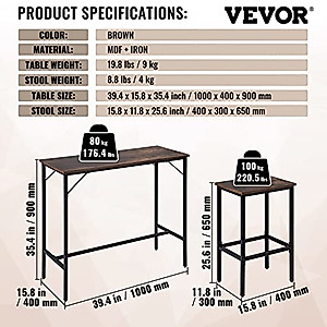 VEVOR 39" Bar Chairs Pub Table Set w/ 2 Stools, Brown