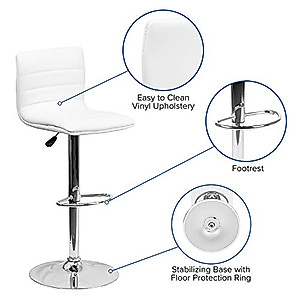 Flash Furniture Vincent Modern White Vinyl Adjustable Bar Stool with Back, Swivel Stool with Chrome-Pedestal Base and Footrest