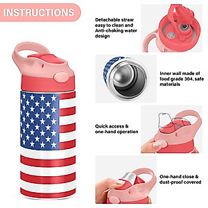 Kigai American Flag Kids Water Bottle, Insulated Stainless Steel Water Bottles with Straw Lid, 12 oz BPA-Free Leakproof Duck Mouth Thermos for Boys Girls