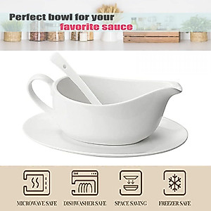 Qlans Gravy Boat With Ladle and Saucer 17 Oz,Ceramic Sauce Boat with Tray for Salad Dressings Milk,Warming Sauces,Creamer,Broth,Black Pepper,White (1 PCS New Gravy Boat With Ladle and Saucer)