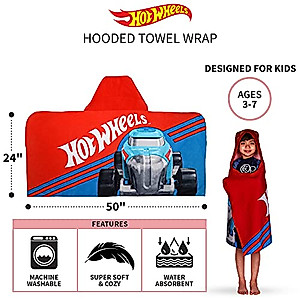 Hot Wheels Soft Cotton Bath/Pool/Beach Terry Hooded Towel Wrap, 24" x 50", By Franco Kids