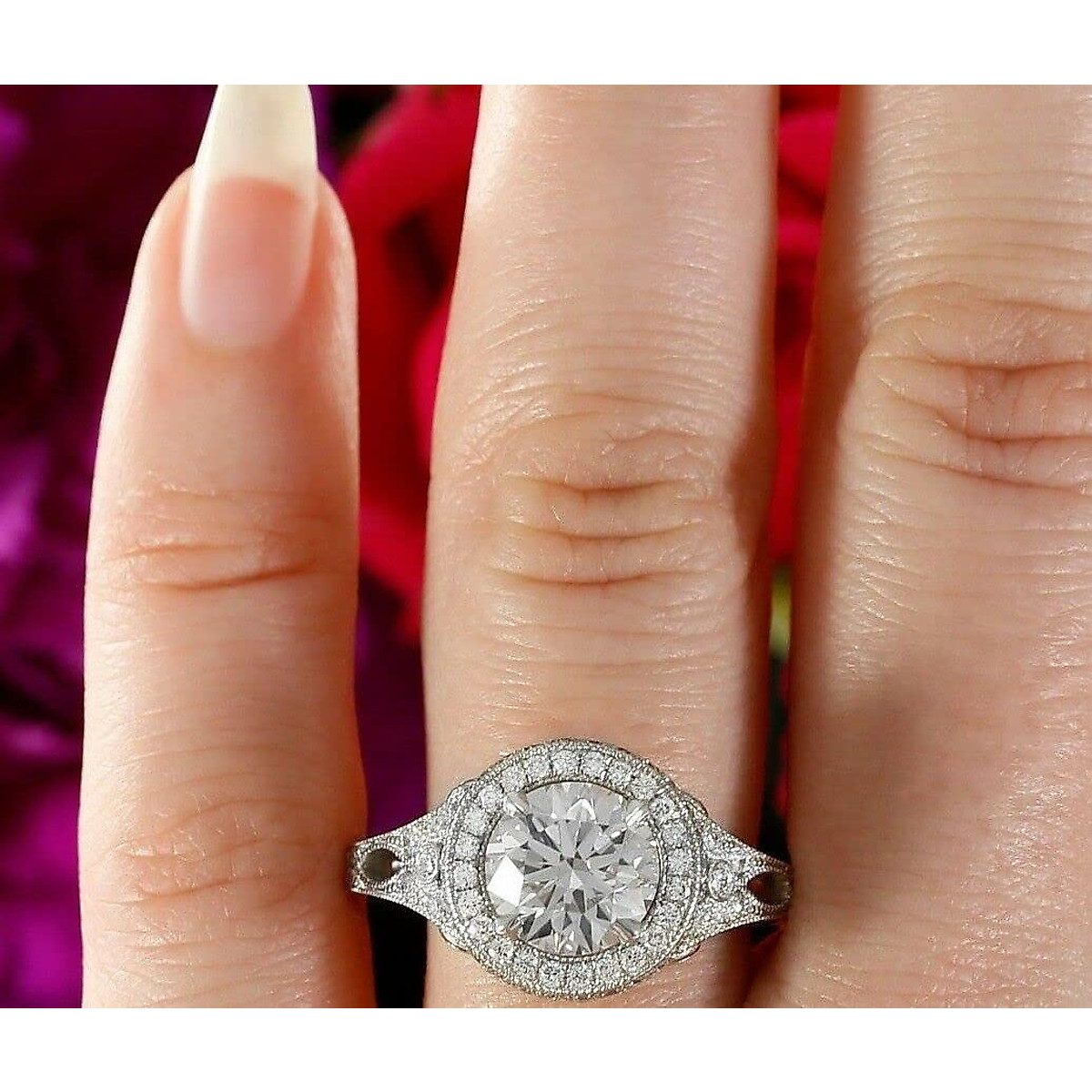 BeBold 2.5ct Round Cut Simulated Diamond CZ Halo Milgrain Engagement Ring for Women White Gold Plated Stylish