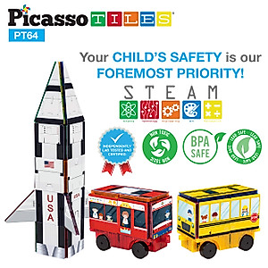 PicassoTiles Magnet Building Blocks STEM Learning Construction Toy Set Early Education Kit 3-in-1 Rocket, School Bus, Train Theme Stick-On Puzzle Pretend Play Magnetic Tiles Kids Building Block Toys