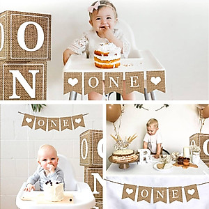 Neutral Burlap Print ONE Boxes for 1st First Birthday Decorations, Large 3Pcs Rustic Boho ONE Sign Boxes with Letters and ONE High Chair Banner