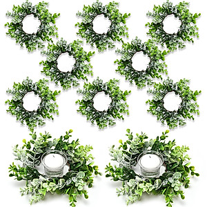 Jexine 8 Pieces Christmas Candle Rings Mini Candle Wreaths Center Candle Ring Artificial Wreath for Christmas Window Table Pillars Farmhouse Decoration Wedding Party Table Home Decor(Eucalyptus)