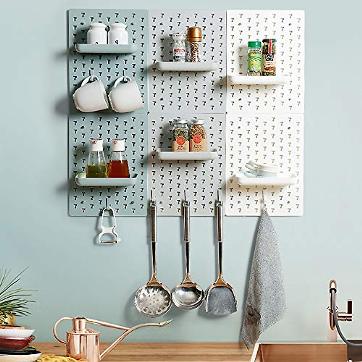iiDesign Decorative Plastic Pegboard, EZ Mount Wall Shelf for Living Room Bathroom Kitchen Office, Wall Decor Storage Organizer (Grey)