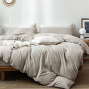 MooMee Bedding Duvet Cover Set 100% Washed Cotton Linen Like Textured Breathable Durable Soft Comfy (Cream Grey, Queen)