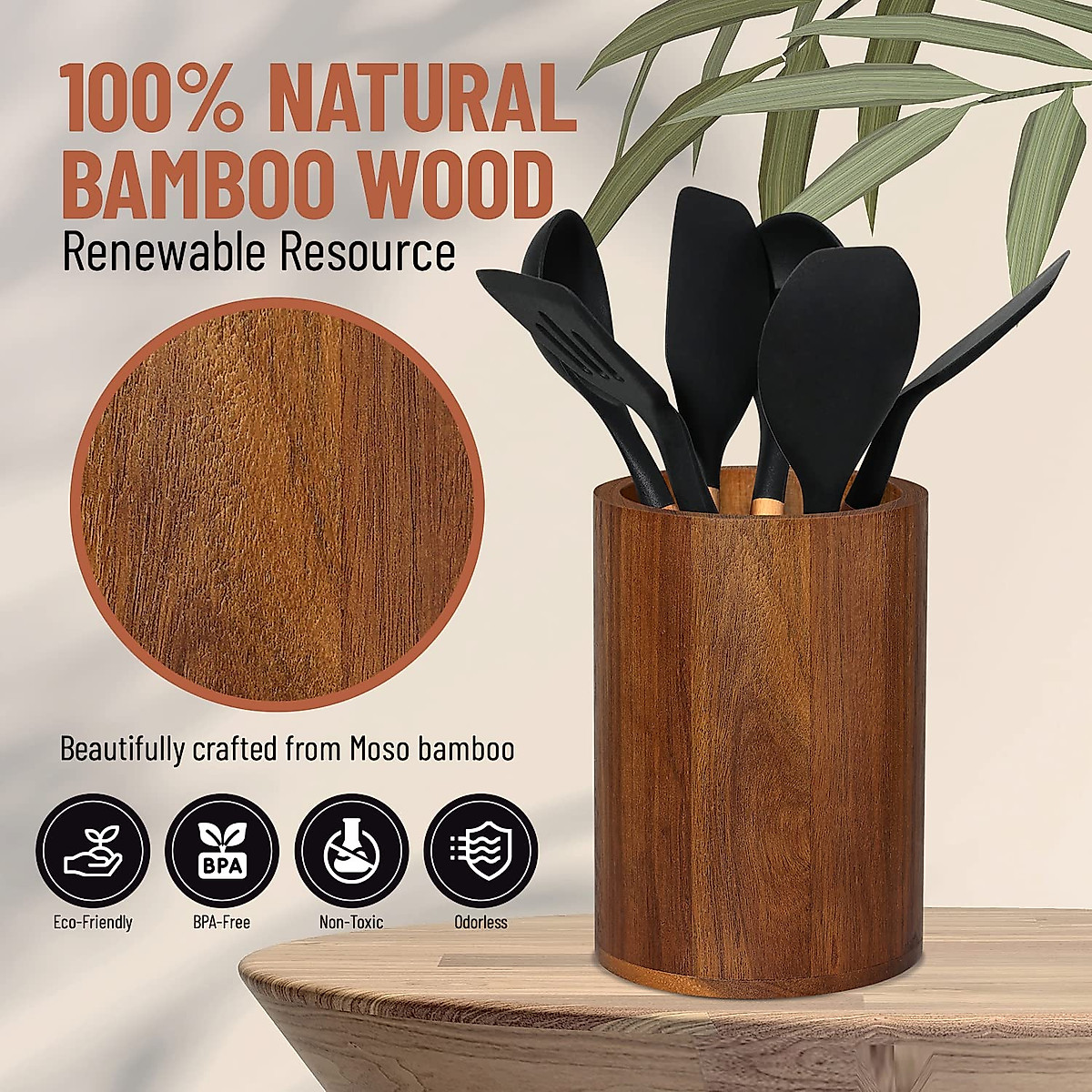 Acacia wood Utensil Holder for Kitchen Counter Decor, Flatware & Utensil Storage Organizer - Kitchen Utensil Organizer for Countertops, Pantry, Bathroom, Office & Center Table