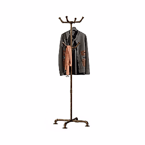 THRONKENGER Industrial Coat Rack, Metal Pipe Coat Rack Stand Freestanding with 6 Hooks, Heavy Duty Coat Tree Sturdy Coat Racks for Entryway, Hallway, Bedroom (Vintage gold)