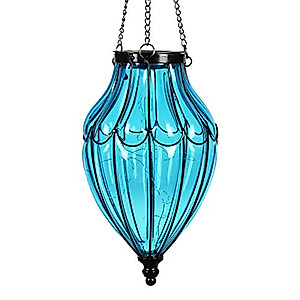 Exhart Outdoor Garden Solar Lights, Blue Glass Hanging Garden Lantern with Waving Metal Pattern, 15 LED Firefly Lights, 7.5 x 25 Inch