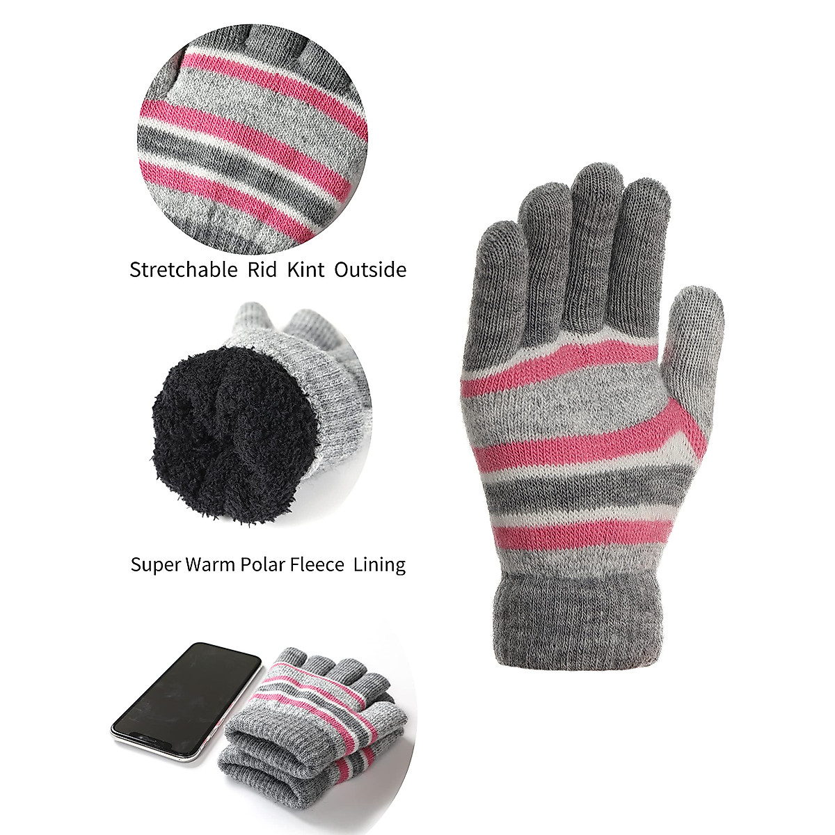 GOLHUA 3Pcs Kids Winter Hat Scarf Gloves Set for 3-6 Years Old Boys Girls Elastic Beanie Hat Circle Scarf Set Knitted Plush - Pink, One Size