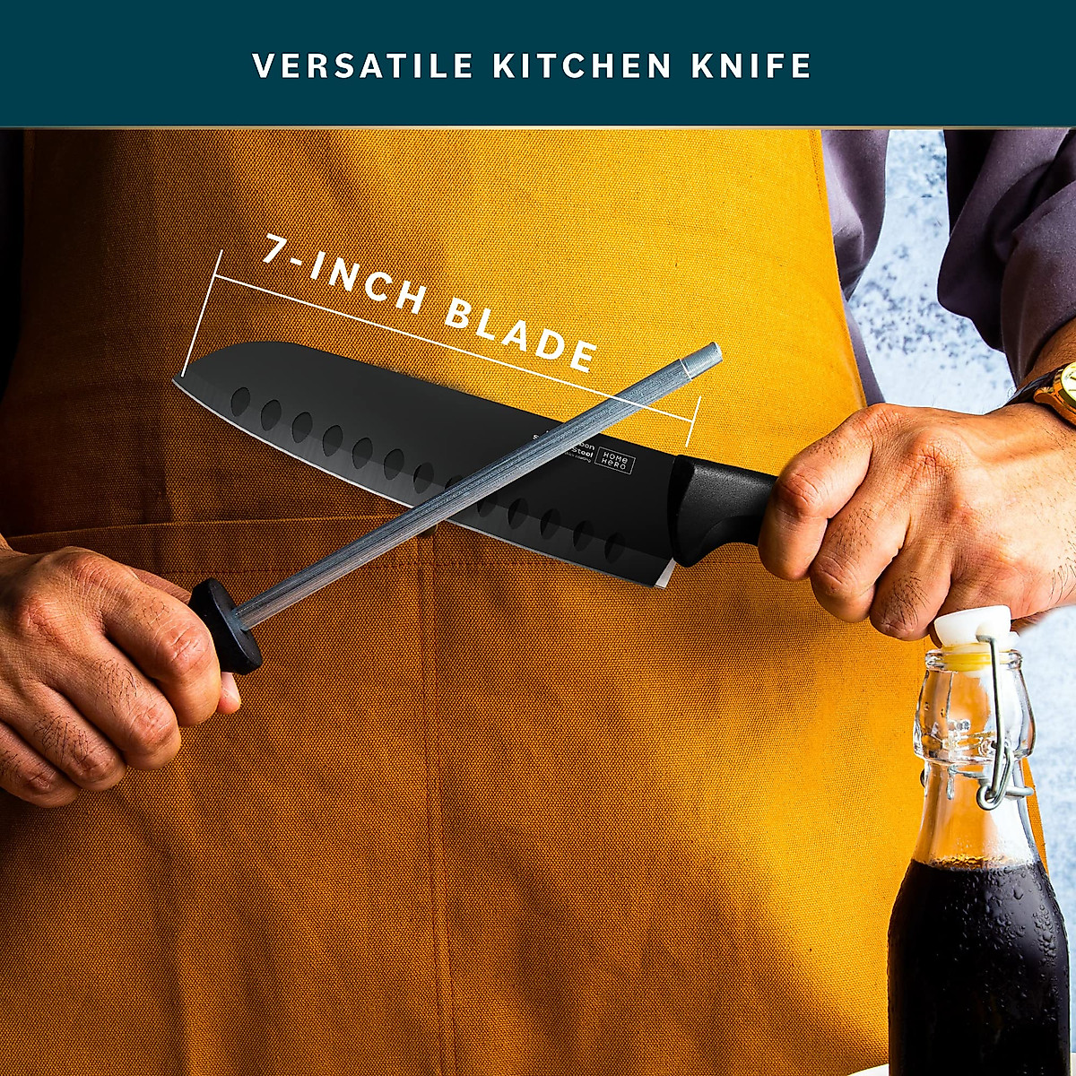 Home Hero 2 Pcs Santoku Knife with Sheath - High Carbon Stainless Steel Chopping Knife with Ergonomic Handle - Razor-Sharp Multi-Purpose Kitchen Knife for Chopping Vegetable and Cooking (Black)