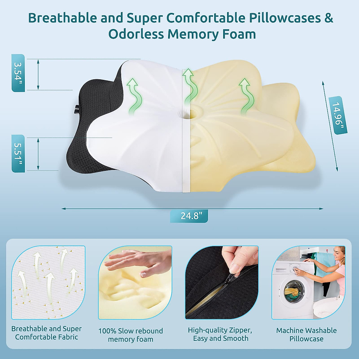 DONAMA Cervical Pillow for Neck Pain Relief,Contour Memory Foam Pillow,Ergonomic Orthopedic Neck Support Pillows for Side,Back and Stomach Sleepers with Breathable Pillowcase-Black