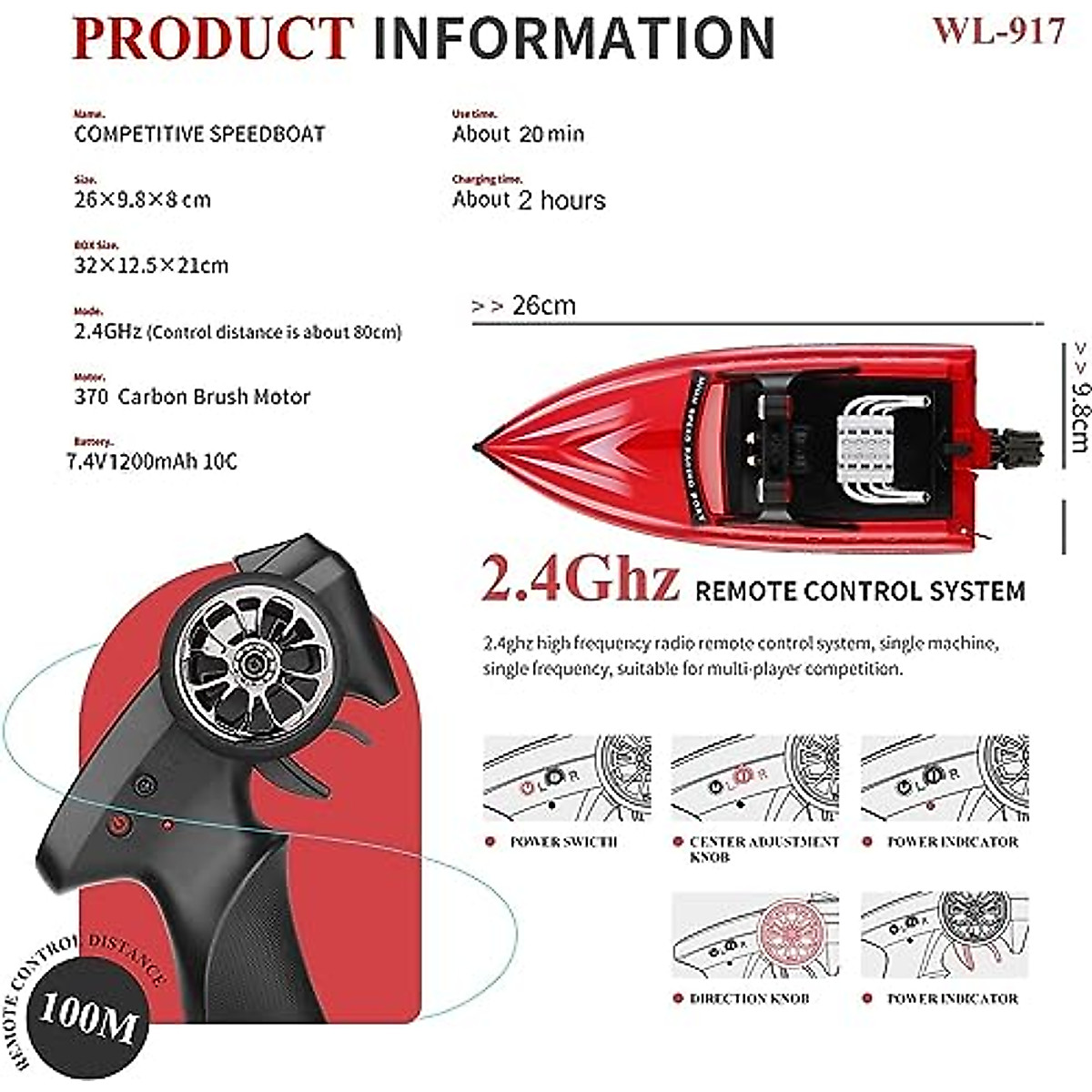 AUTO CARE WLtoys WL917 RC Boat for Pools and Lakes 2.4G High Speed Racing Boat 370 Carbon Brush Motor 16 km/h Model Electric Radio Remote Control Jet Boat Gifts(Red)